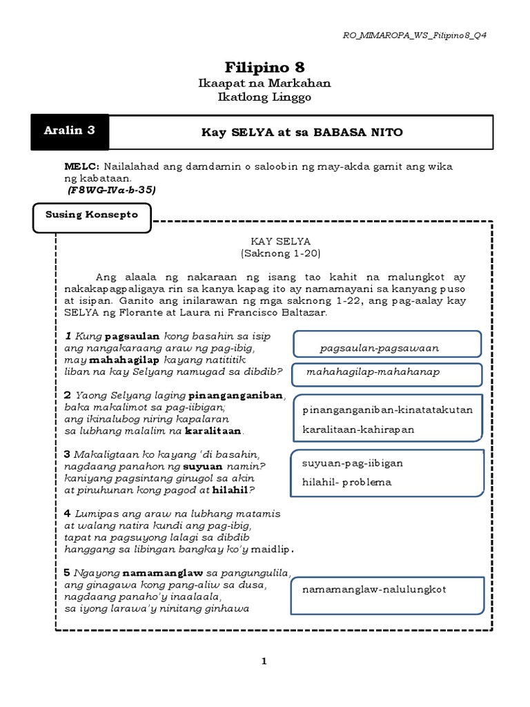 Filipino8WS - Q4 - Week 3 - Kay SELYA at SA BABASA NITO | PDF