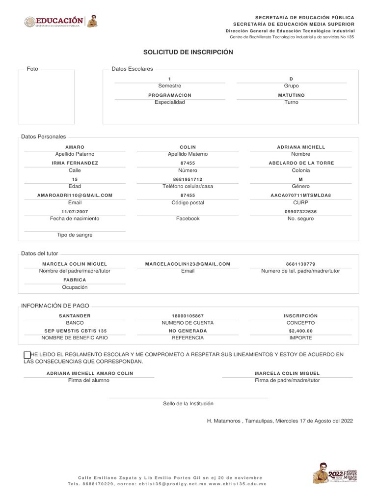 Solicitud de inscripción para el primer semestre de Programación en el Centro de Bachillerato ...