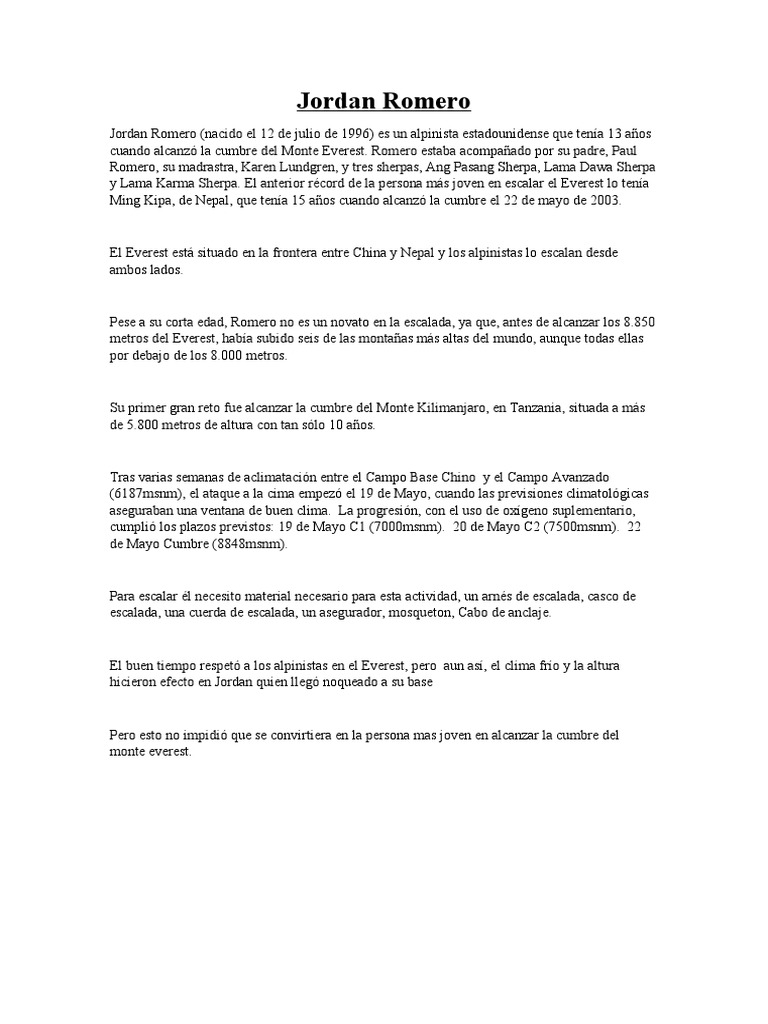 Jordan Romero | PDF | el Monte Everest | Montañas