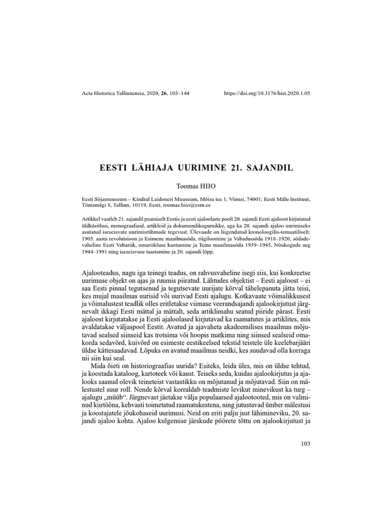 EESTI LÄHIAJA UURIMINE 21. SAJANDIL Toomas HIIO Acta-1-2020-103-144 ...