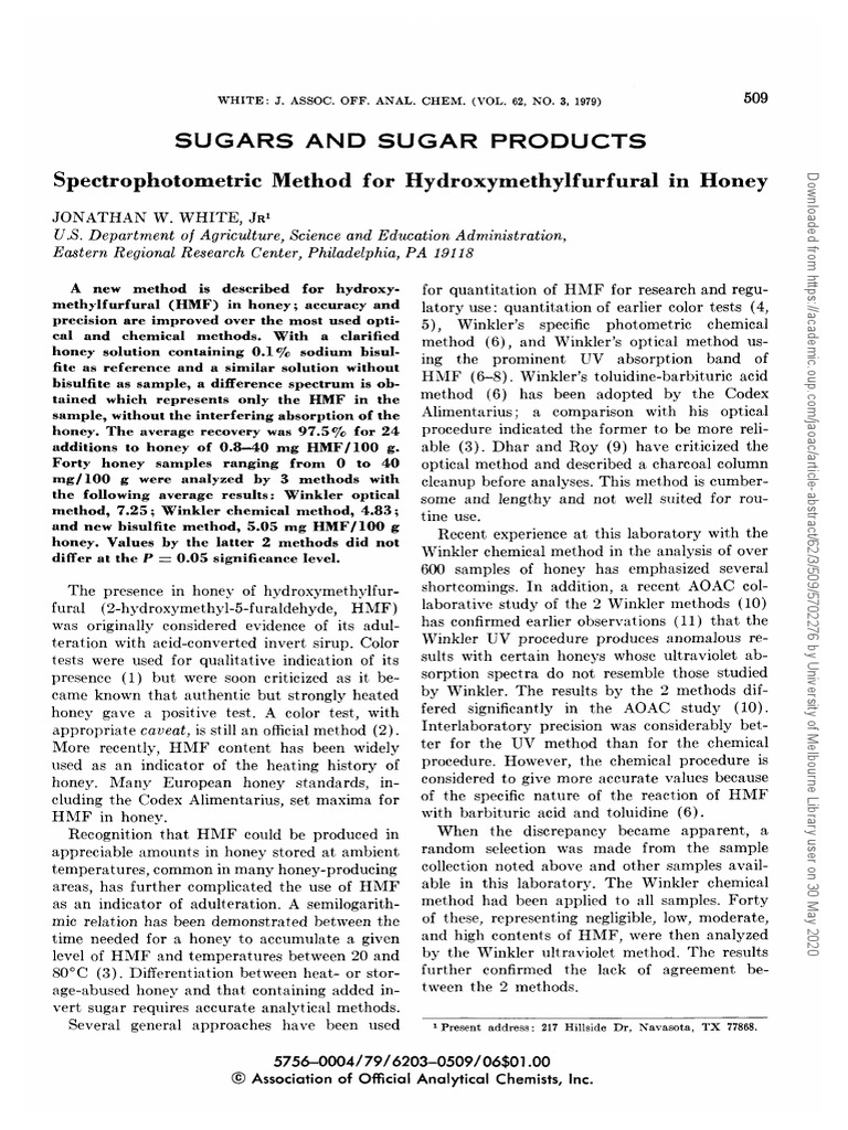 AOAC Hydroxymethylfurfural in Honey | PDF | Absorption Spectroscopy ...