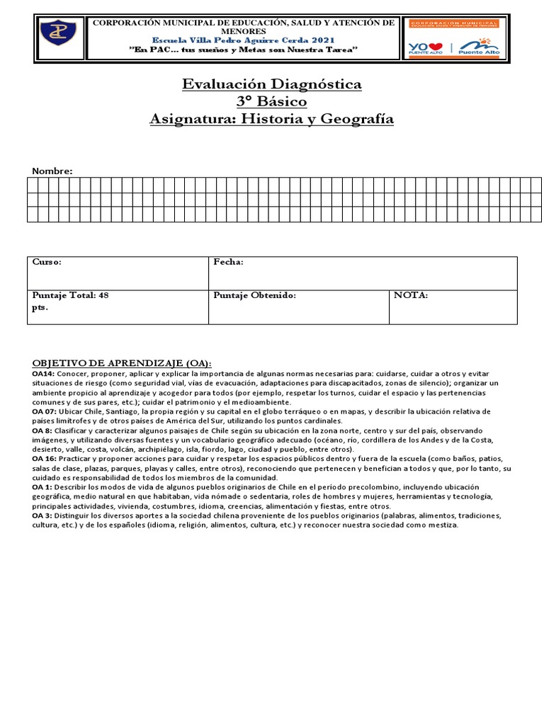 Evaluación Diagnóstica Historia 3° Básico | PDF | Chile
