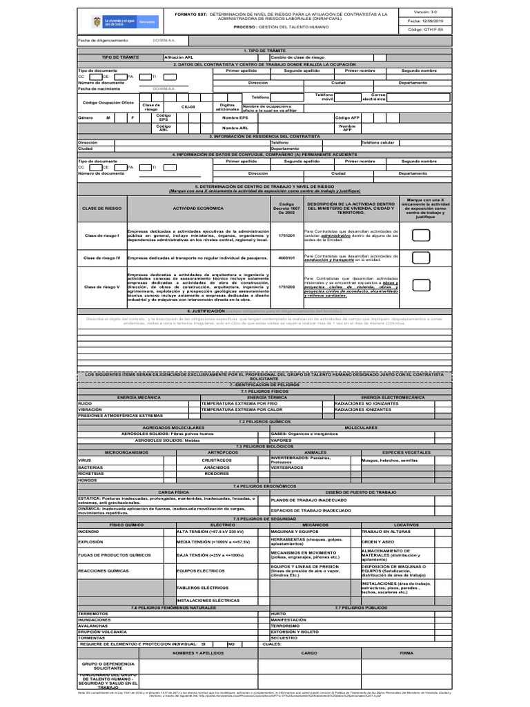 GTH-F-59 Formato Afiliación Arl Contratistas 3.0 | PDF | Temperatura | Naturaleza