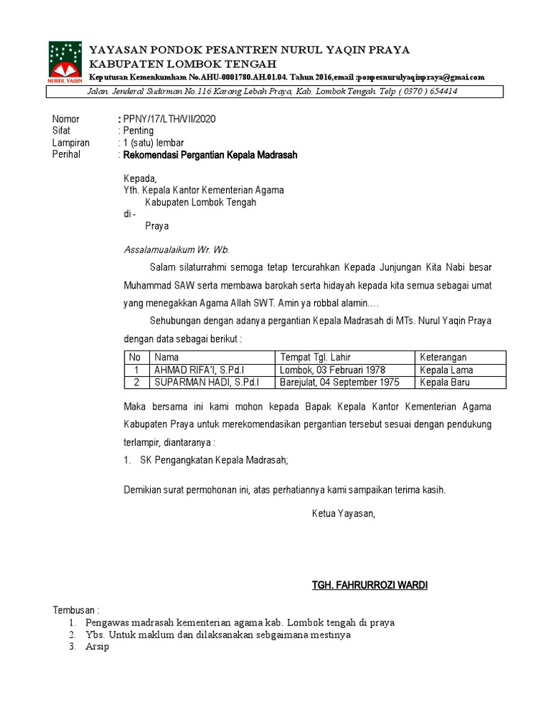 Contoh Surat Permohonan Pergantian Kepala | PDF