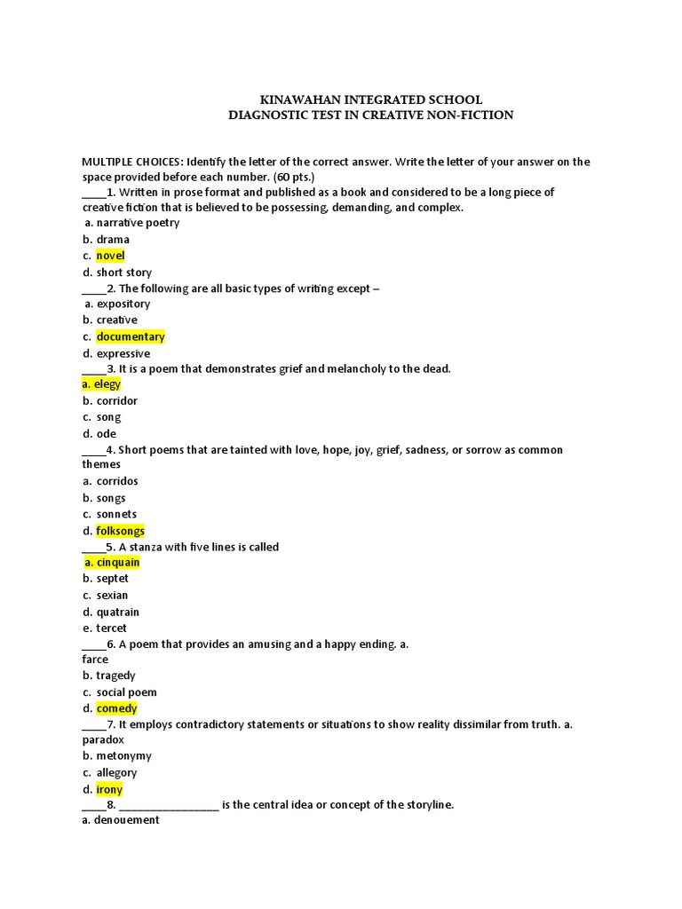 Creative Non-Fiction Diagnostic Test | PDF | Poetry | Books