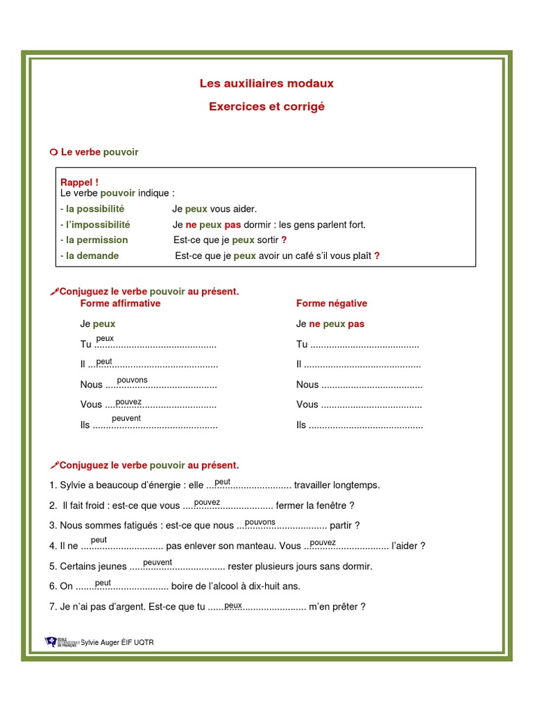 Exercices sur les verbes modaux en français | PDF | Verbe