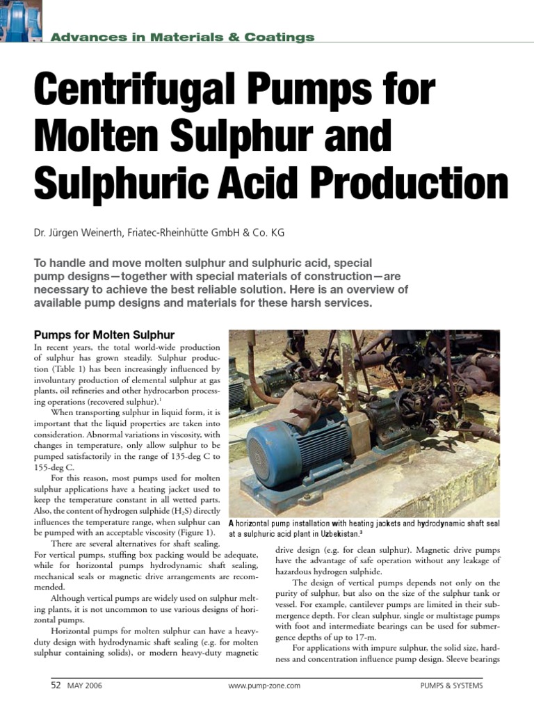 Centrifugal Pumps For Molten Sulphur & H2so4 Production | PDF | Pump ...