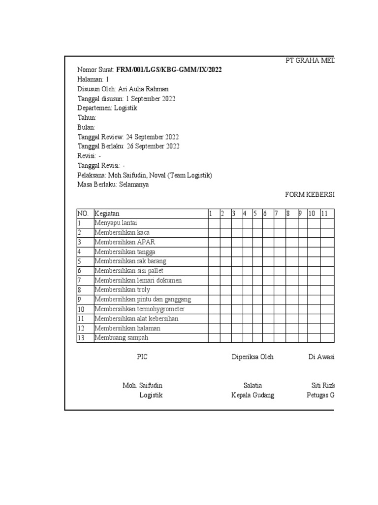 Form Checklist Kebersihan Gudang | PDF