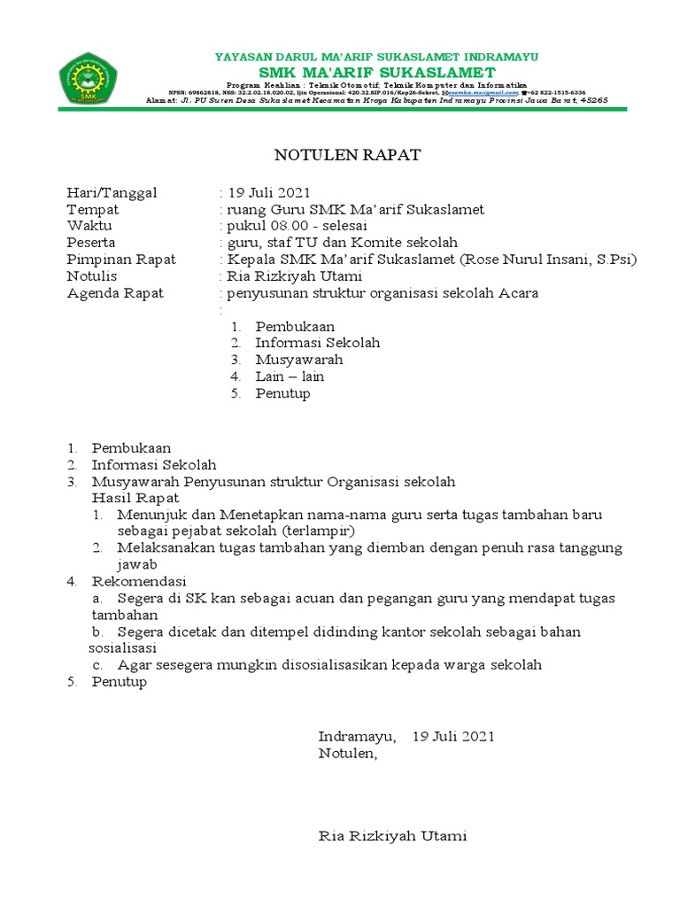 PDF Notulen Rapat Penyusunan Struktur Organisasi Sekolah | PDF | Karier & Perkembangan