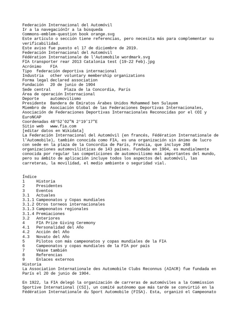 FIA | PDF | Fédération Internationale De L'automobile | Deportes