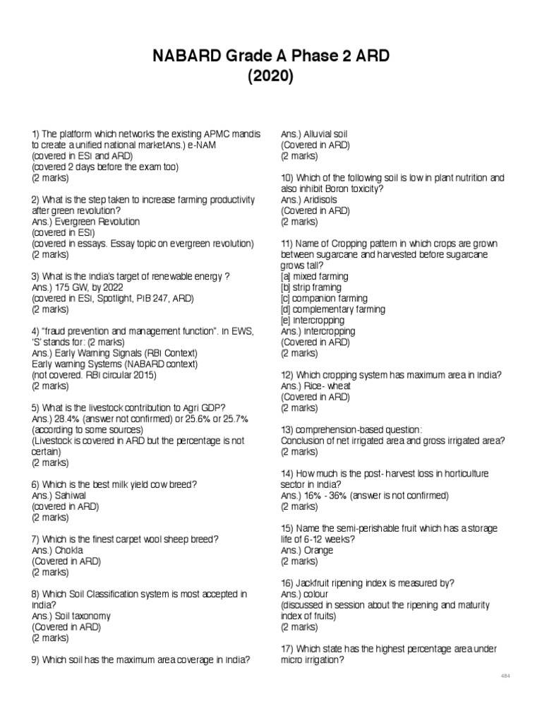 NABARD Grade A 2020 Phase 2 ESI ARD | PDF | Agriculture