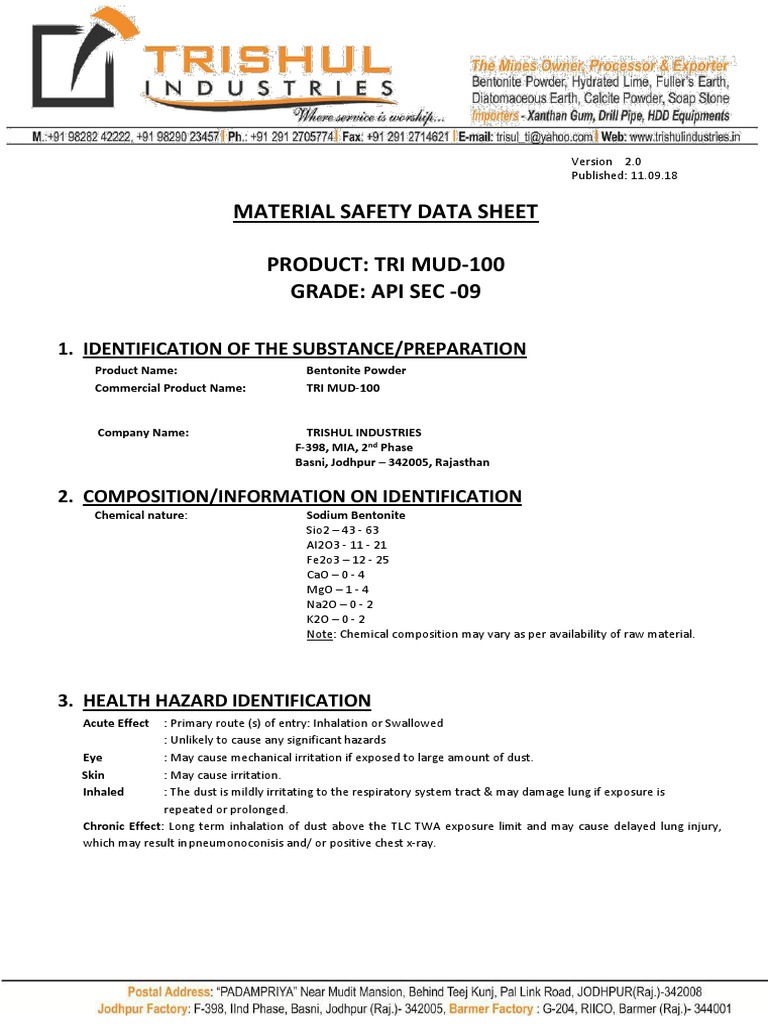 MSDS Bentonite - Raymond Interchem (Trishul Industries) | PDF | Workplace | Working Conditions
