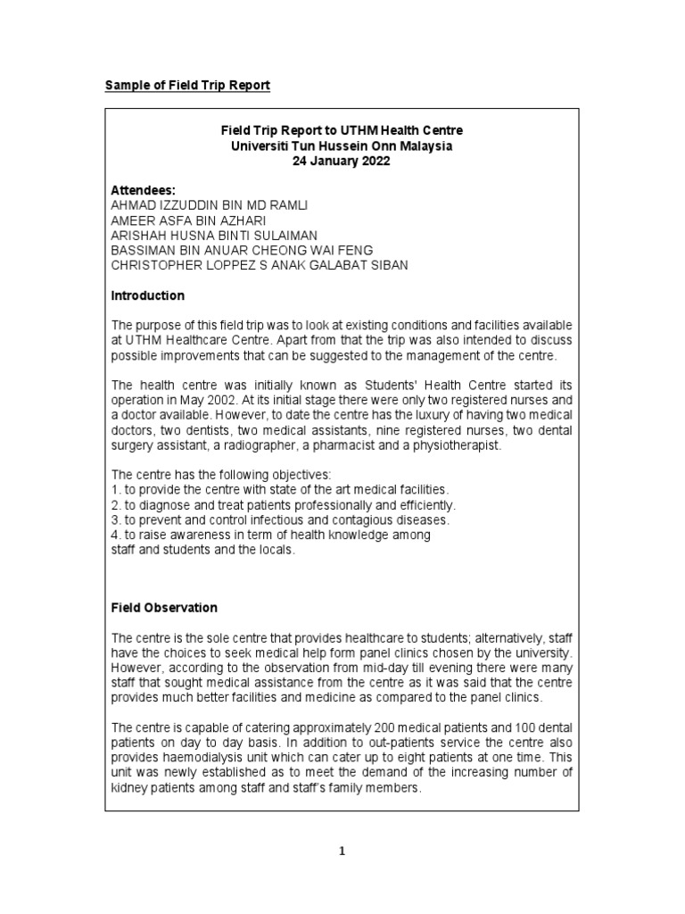 Week 2 Sample of Field Trip Report | PDF | Health Care | Patient
