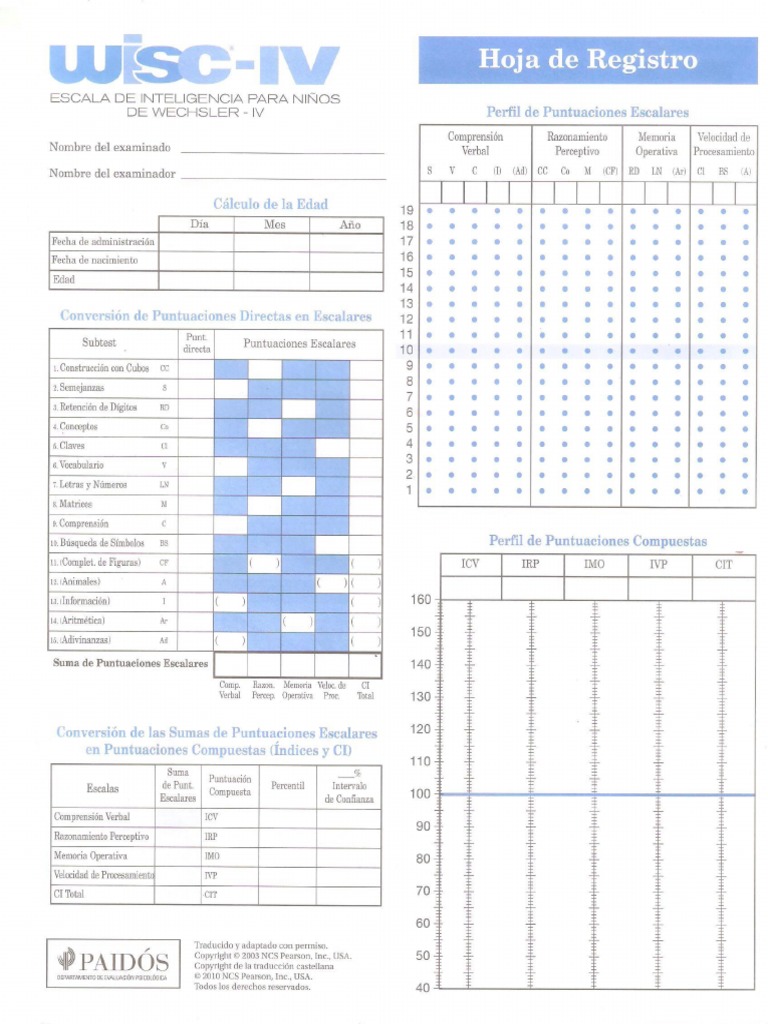 WISC IV Hojas de Registro | PDF