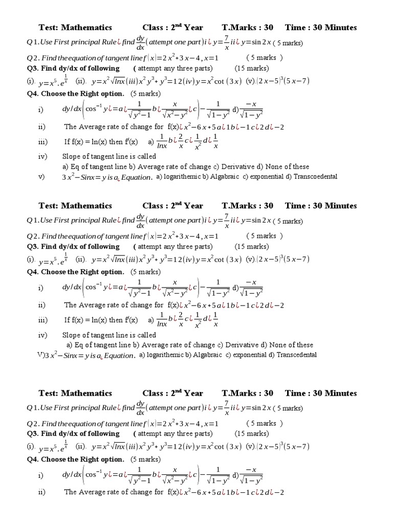 Chapter 3 2nd Year Test | PDF | Derivative | Tangent