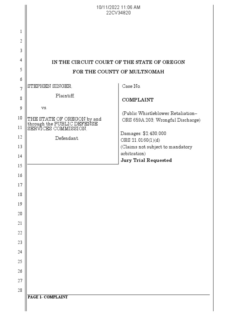 Oregon Whistleblower Retaliation Case | PDF | Lawyer | Lawsuit
