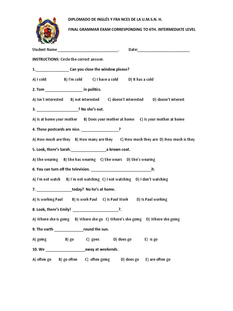 Grammar Exam Intermediate Level. | PDF