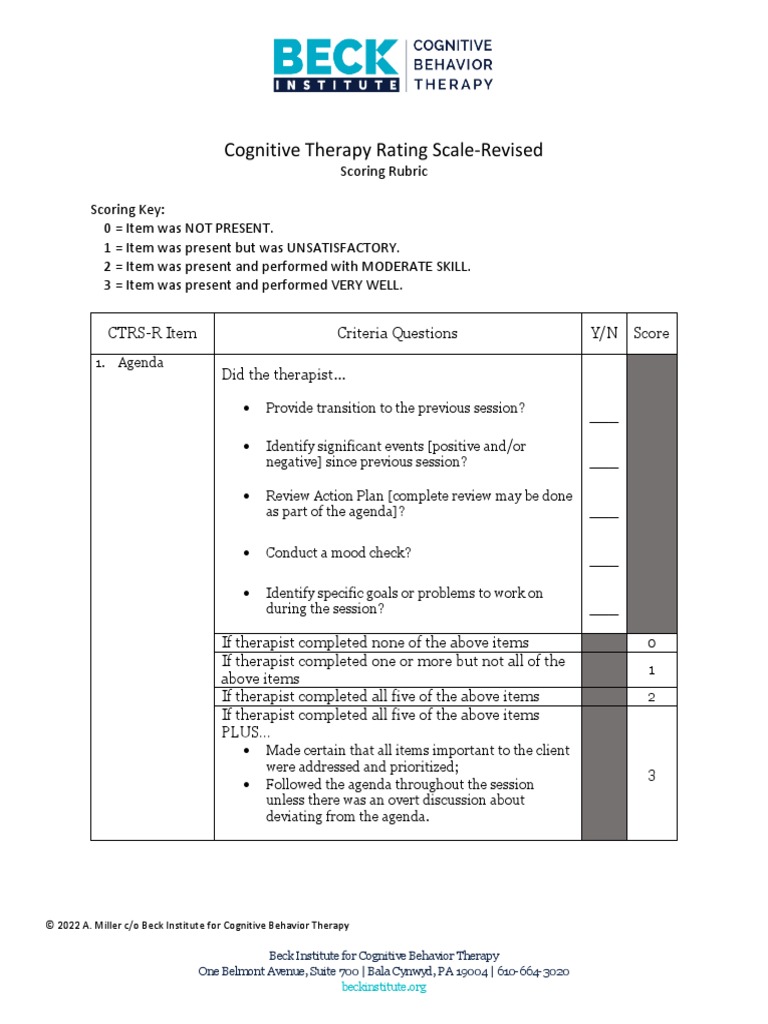 Beck Institute CTRS R Scoring Rubric and CBT Checklist | PDF | Cognitive Behavioral Therapy ...