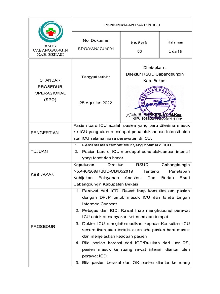 Spo - 1. Penerimaan Pasien Baru Icu | PDF
