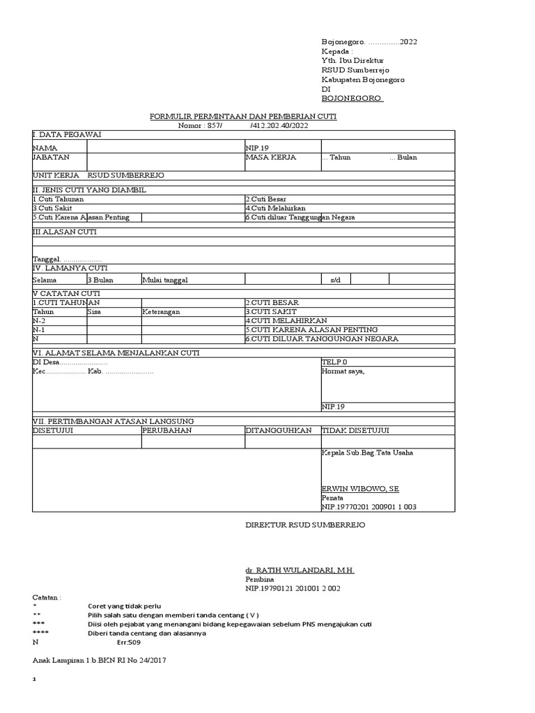 Formulir Cuti PNS BLUD 22 | PDF