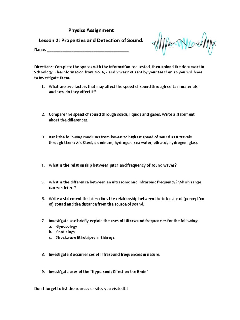 Physics Assignment Lesson 2 Properties and Detection of Sound. | PDF