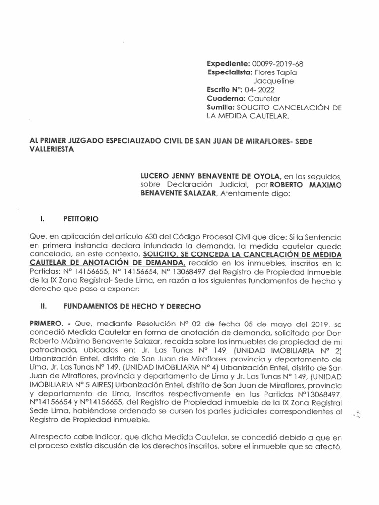 Escrito Cancelacion De La Medida Cautelar Lucero Declaracion Judicial Pdf