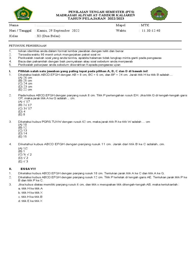 Soal UTS MTK Kelas XII | PDF