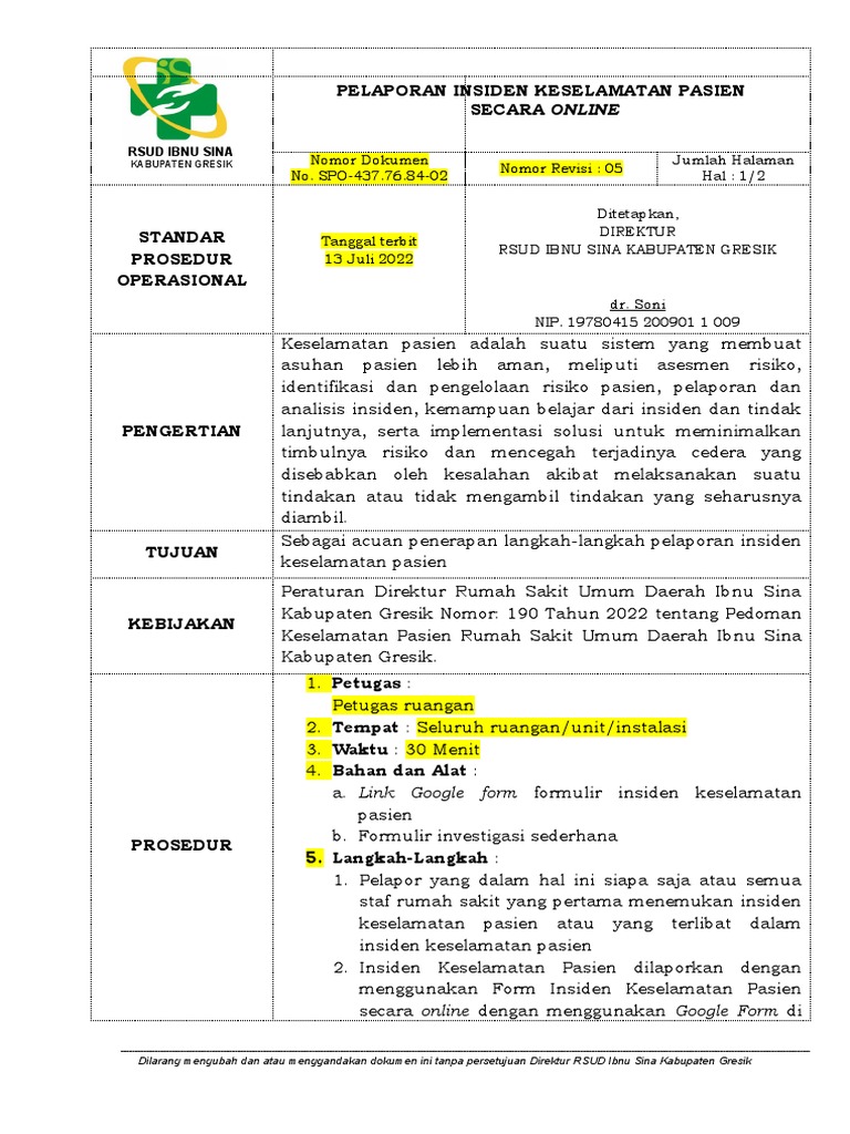 Prosedur Pelaporan Insiden Keselamatan Pasien | PDF