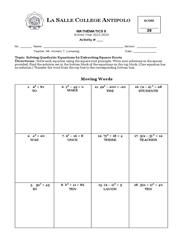 Activity 1.1 Solving Quadratic Equations by Extracting Square Roots | PDF