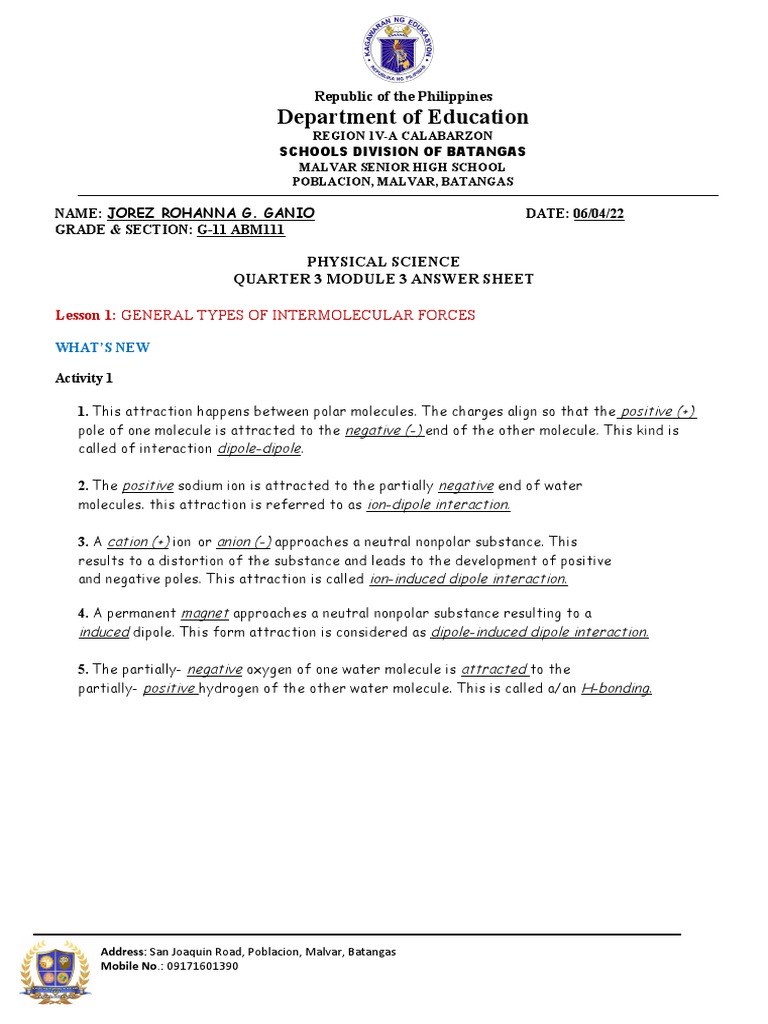 Physical Science Quarter 3 Module 3: Intermolecular Forces and Their ...