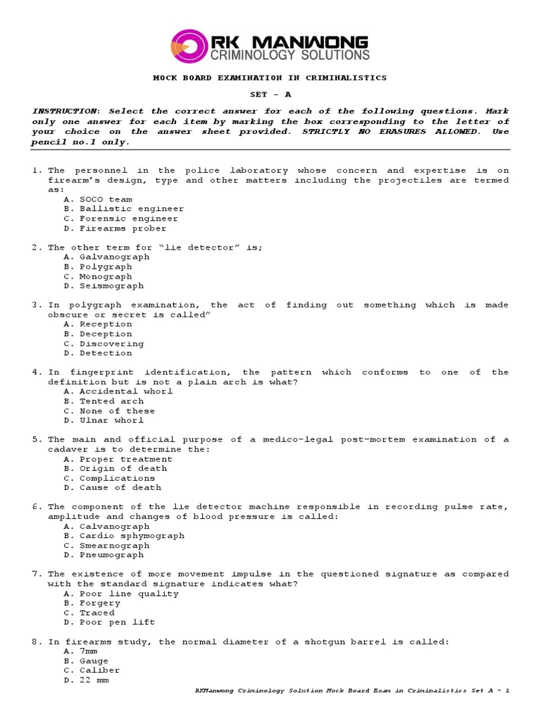 Mock Board Exam in Crimin Set A | PDF | Fingerprint | Forensic Science