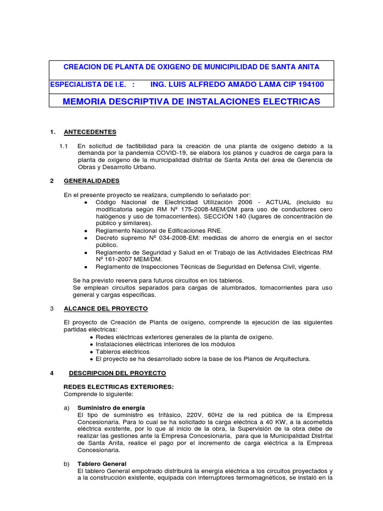 Memoria Descriptiva | PDF | Ingenieria Eléctrica | Energia electrica