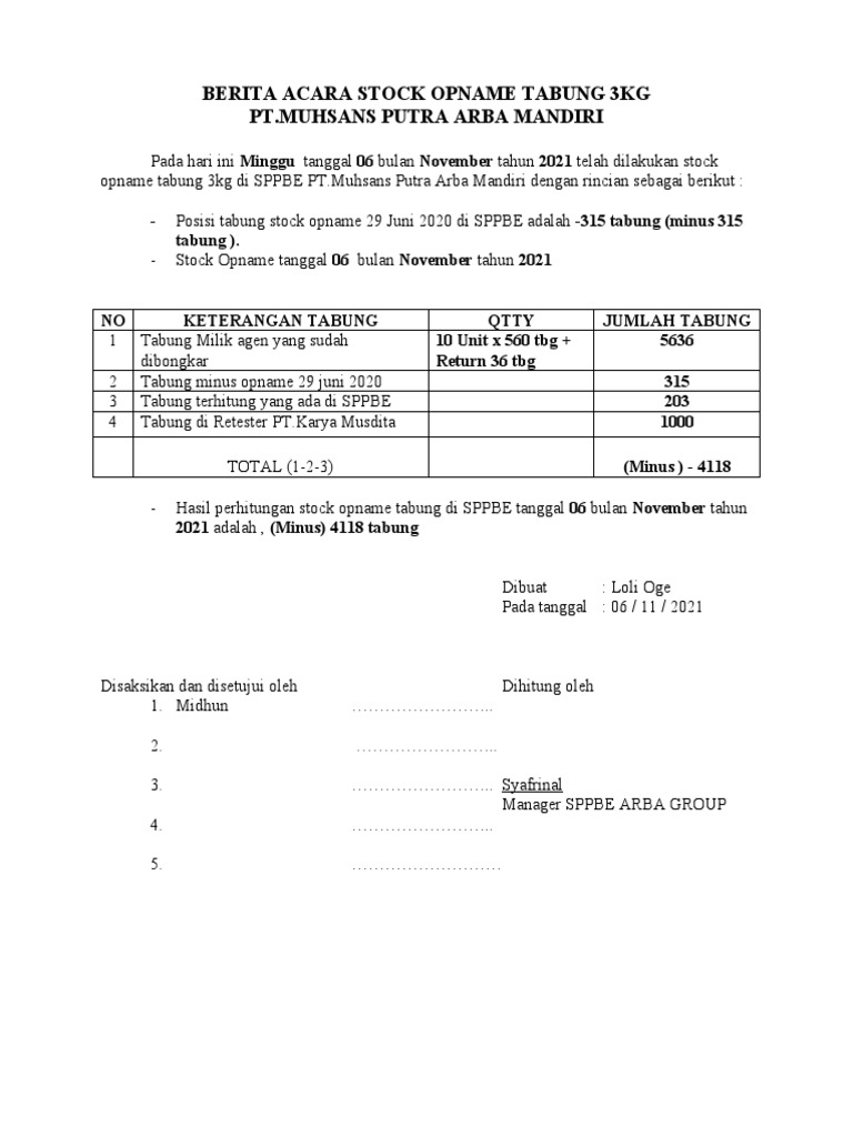 Berita Acara Stock Opname Tabung 3KG PT | PDF