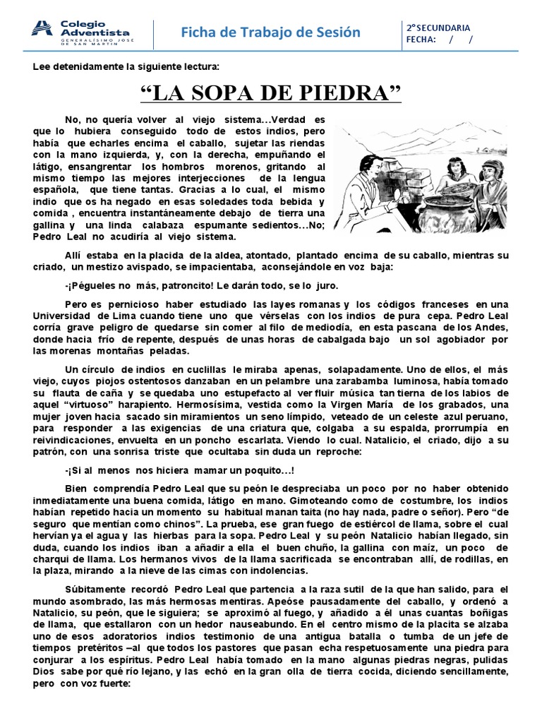 Ficha de Lectura 1 La Sopa de Piedras | PDF | Cocina | Alimentos