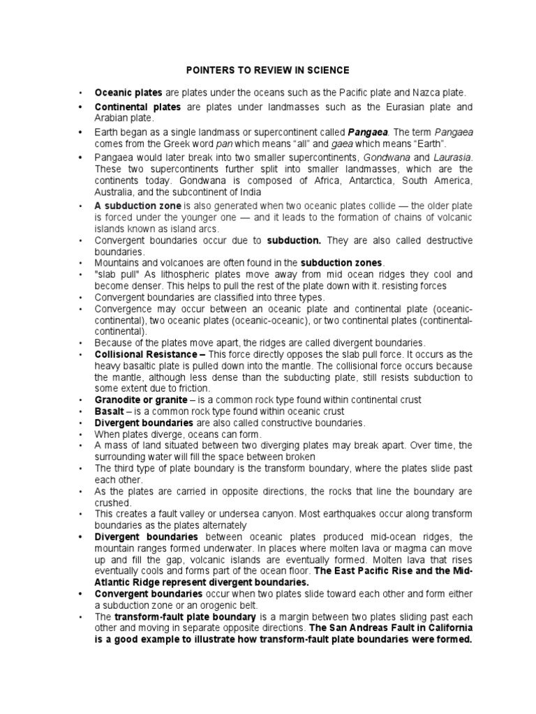 Pointers To Review in Science | PDF | Plate Tectonics | Structure Of The Earth