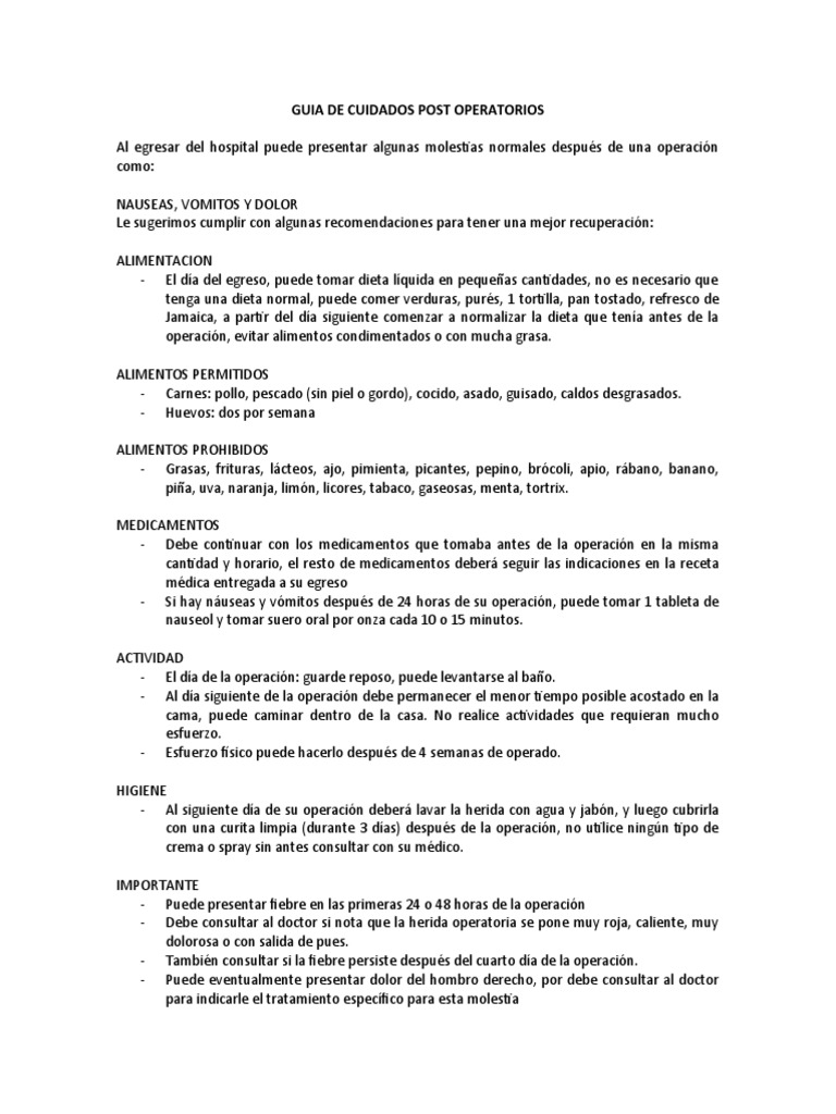 Guia de Cuidados Post Operatorios - CVLP | PDF | Alimentos | Comida y ...