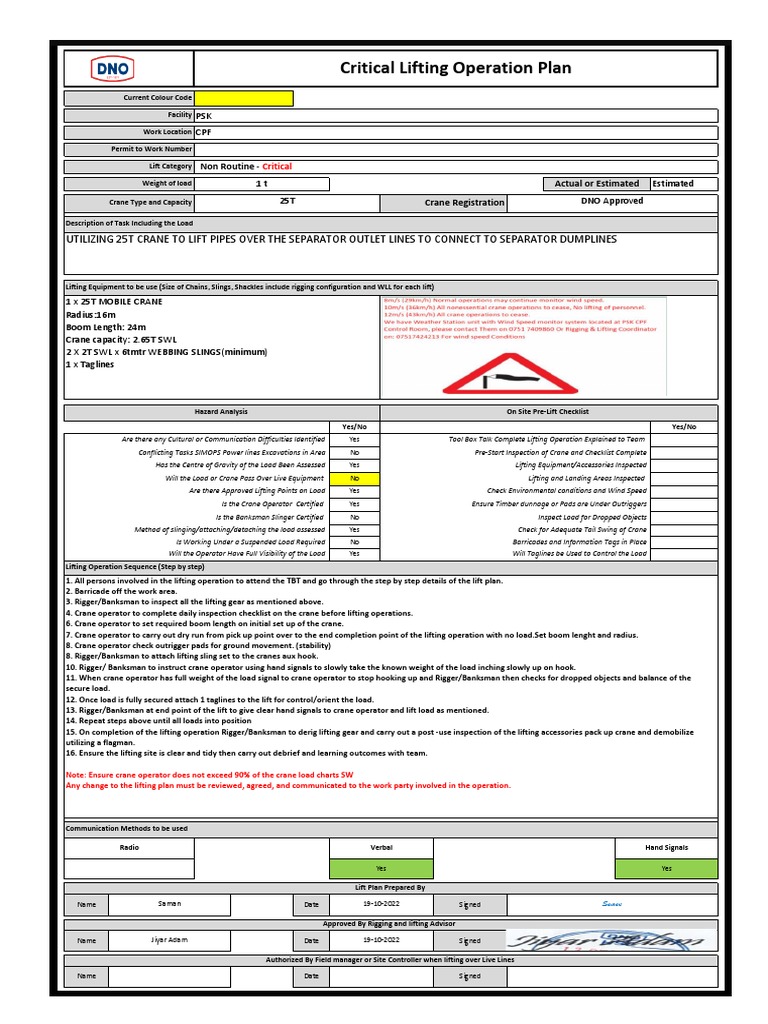 LP 1T Pipes Critical Crane Lift Plan 25T Crane CPF | PDF | Crane ...