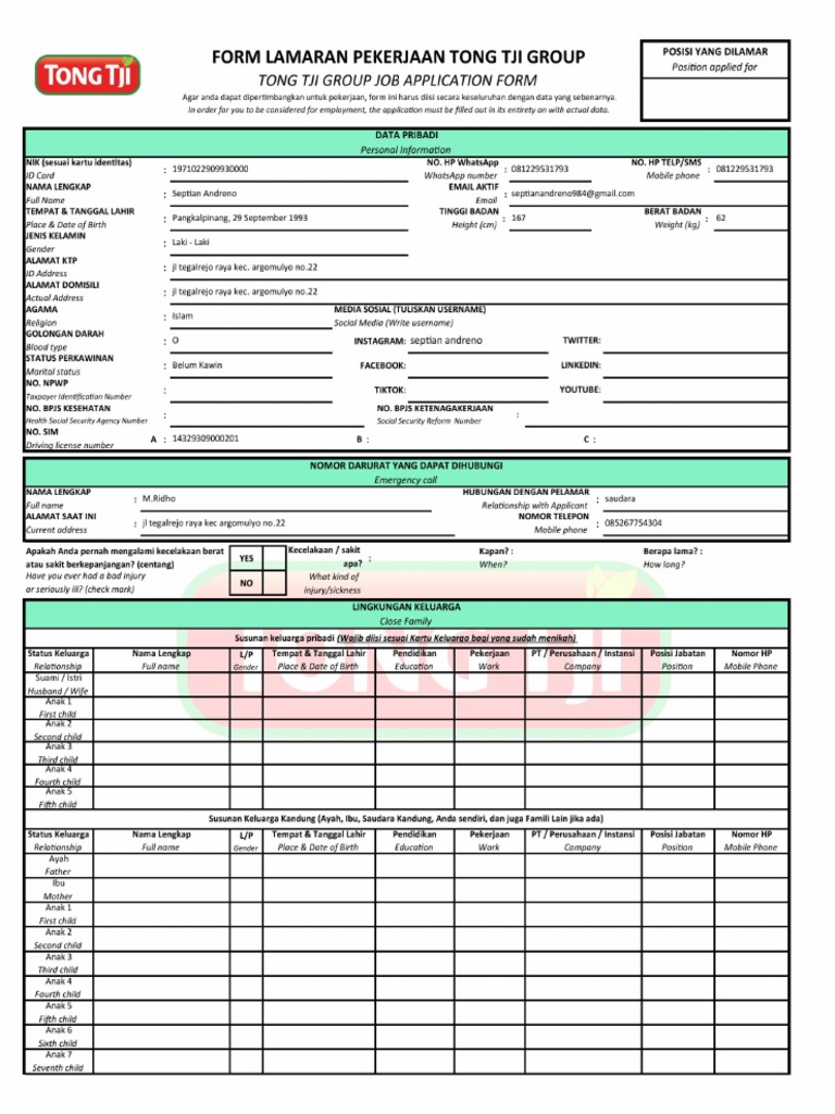 Form Job Application - Tong Tji Group | PDF