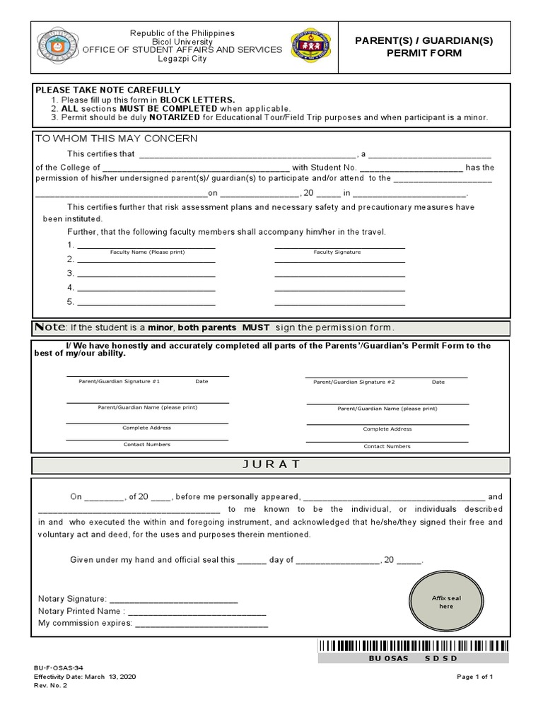 Parent/Guardian Permit Form | PDF | Notary Public | Common Law