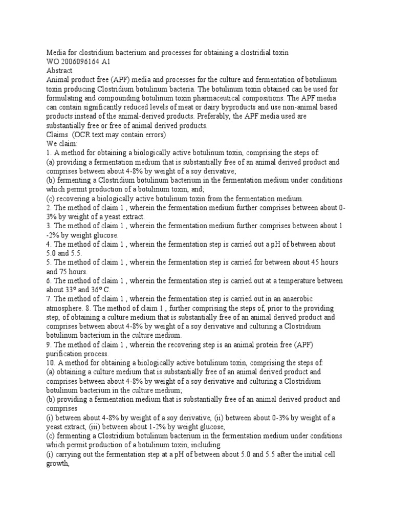 Media For Clostridium Bacterium and Processes For Obtaining A Clostridial Toxin PING WANG | PDF ...