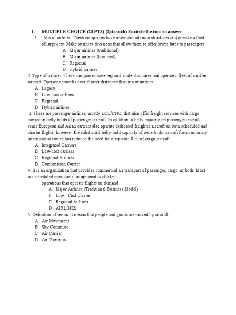 MULTIPLE CHOICE (20 PTS) (2pts Each) | PDF | Airlines | Low Cost Carrier