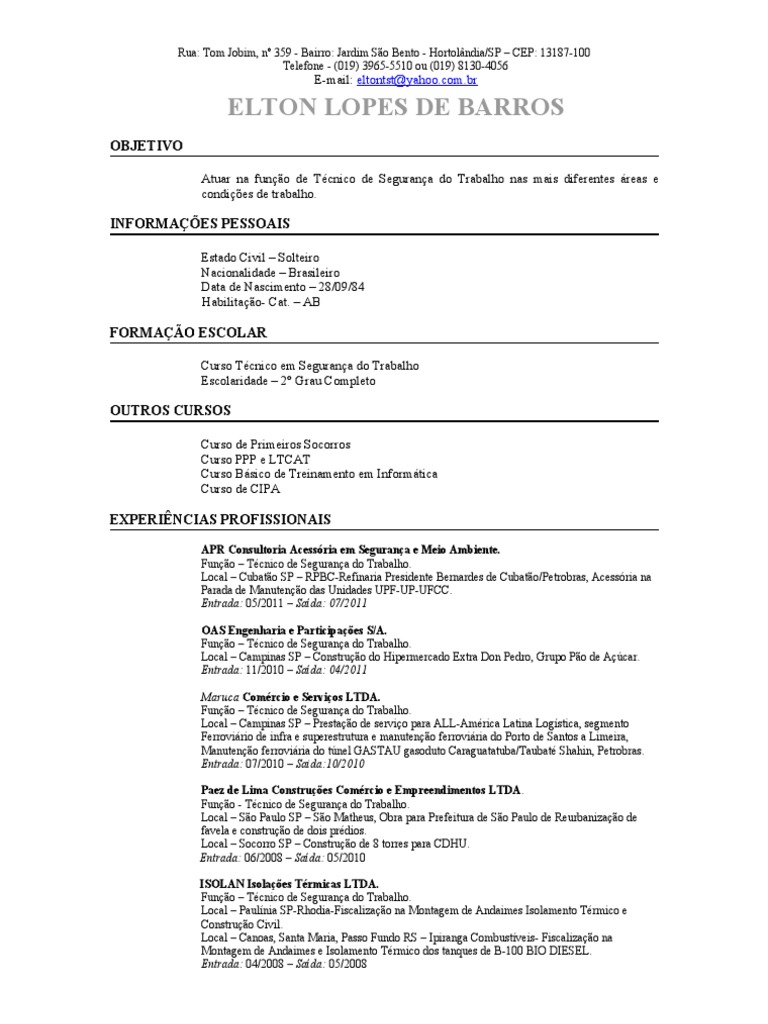 Curriculum Elton Lopes (TST) | PDF | Indústrias | Economia (geral)