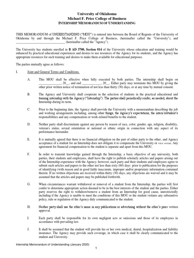 Oklahoma Internship Memorandum of Understanding | PDF | Internship ...