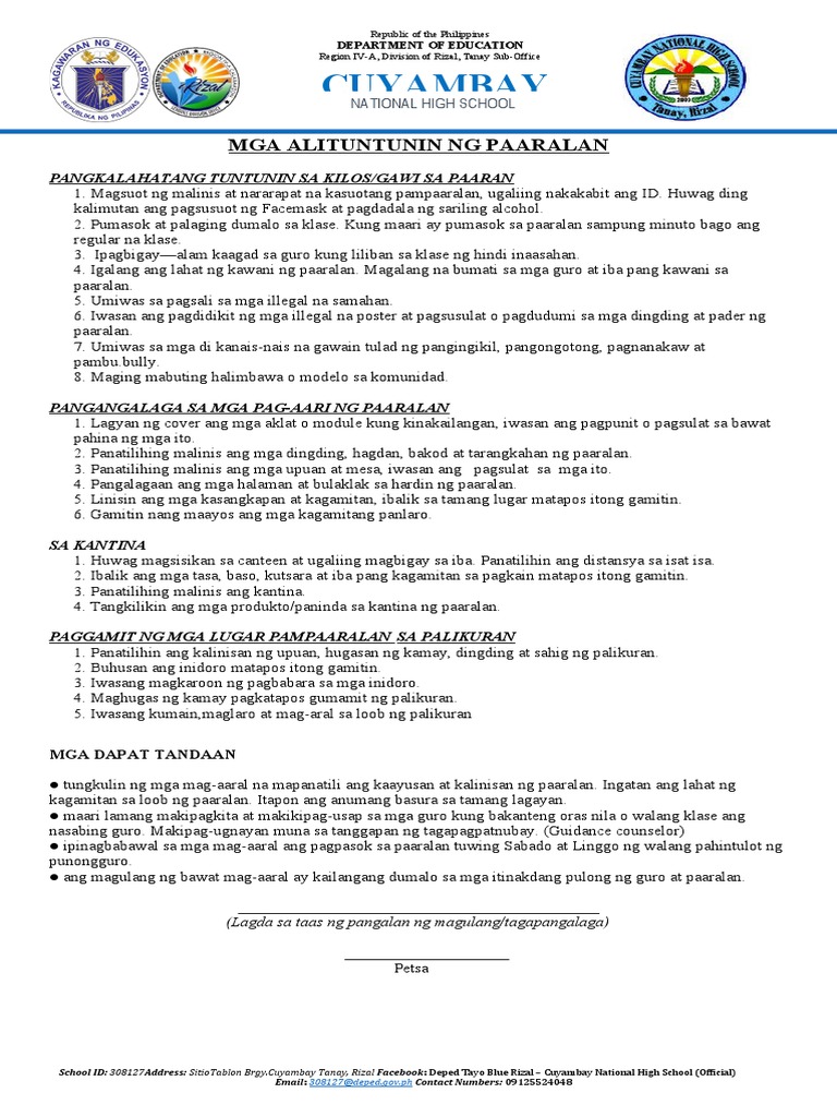 Mga Alituntunin NG Paaralan | PDF