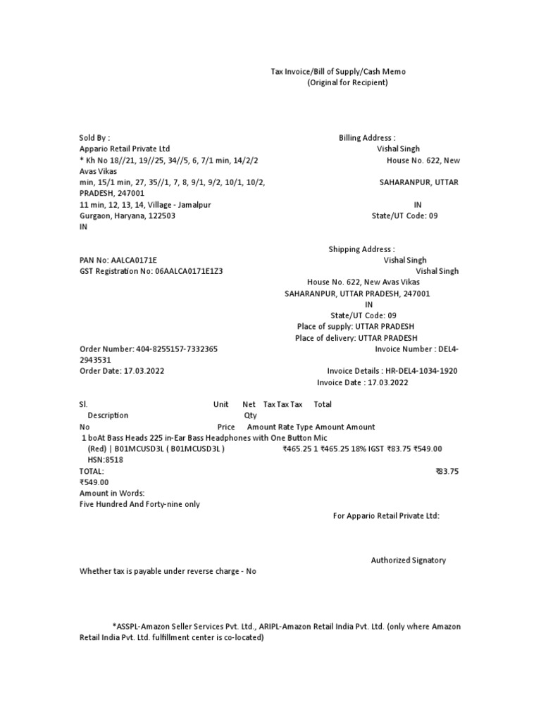 Tax Invoice for boAt Headphones Purchase | PDF | Invoice | Government ...