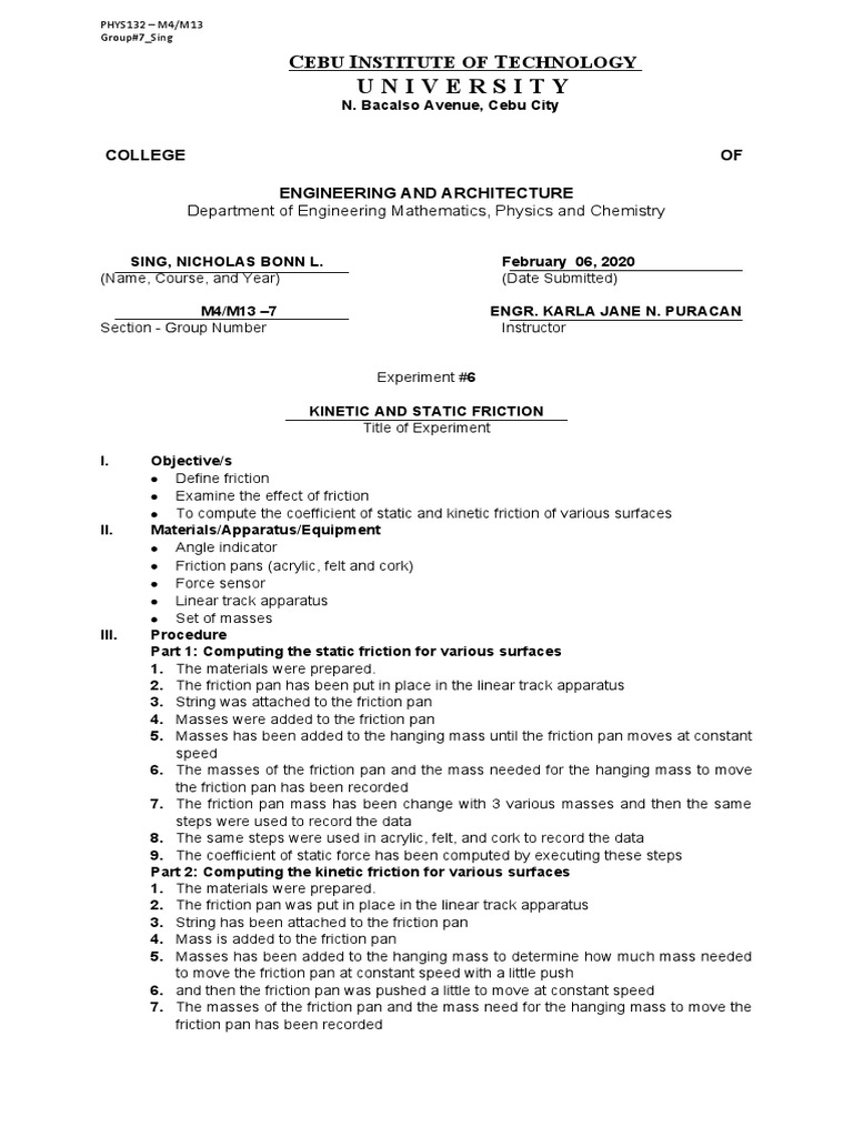 M4M13 SING - PHYS182.finalreport | PDF | Friction | Weight