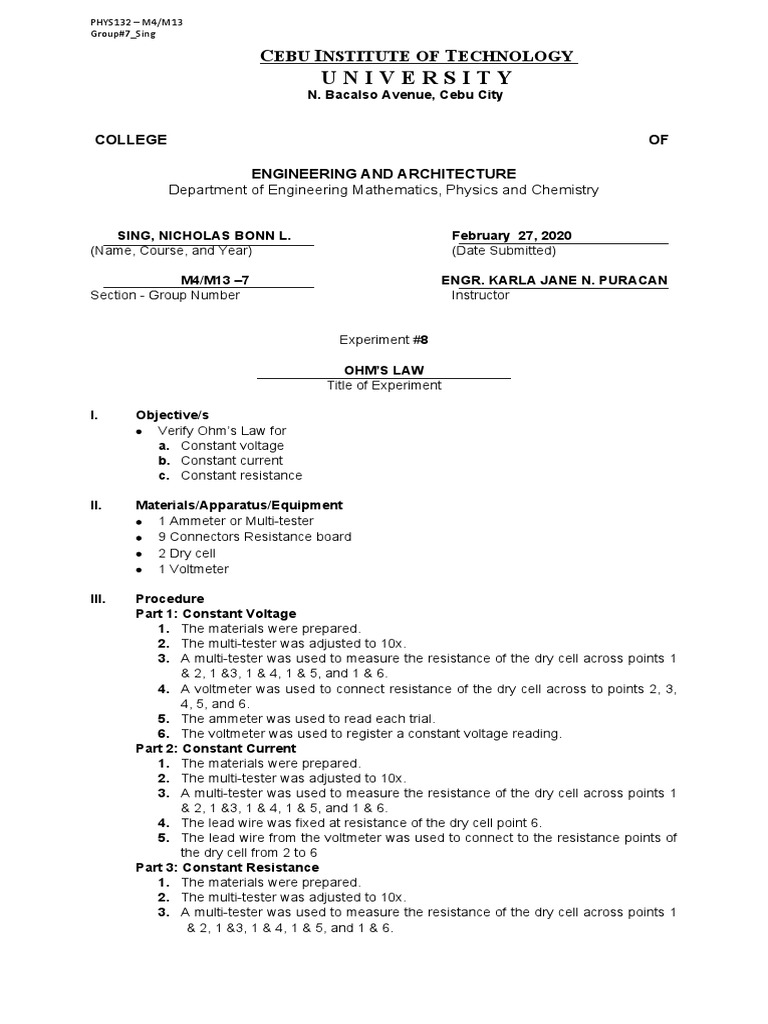 M4M13 SING - PHYS182.finalreport | PDF | Electrical Resistance And Conductance | Voltage