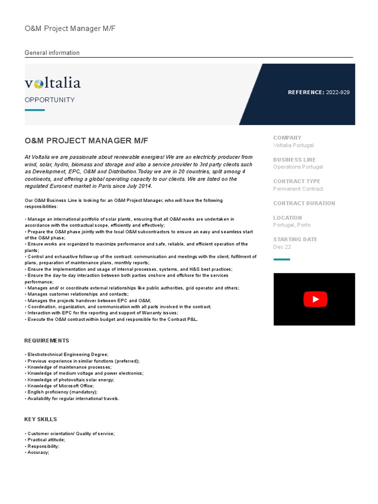 VOLTALIA - O&M Project Manager M-F | PDF | Solar Energy | Electrical Grid