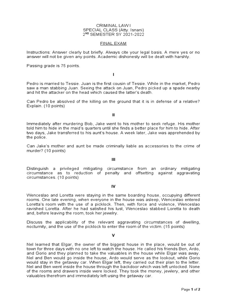 Crim 1 Final Exam - Atty. Isnani | PDF | Crimes | Crime & Violence