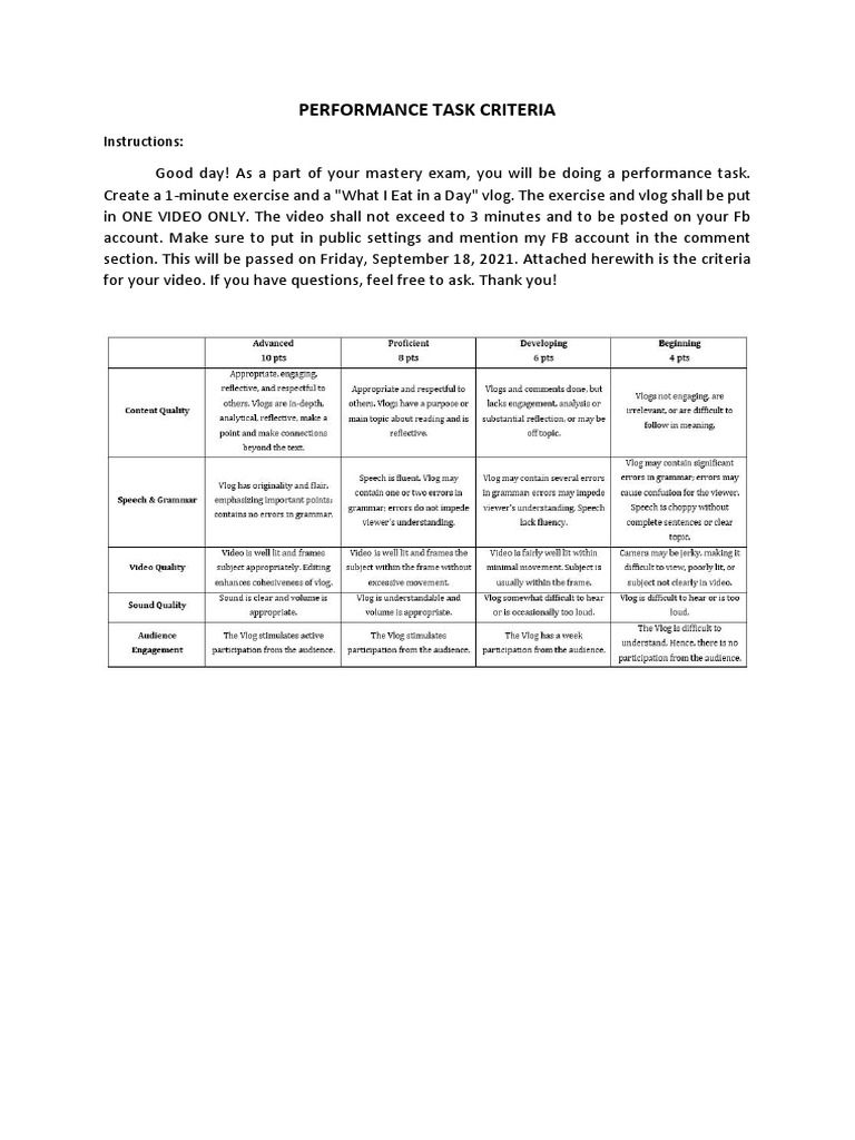 Performance Task Video Criteria | PDF | Career & Growth